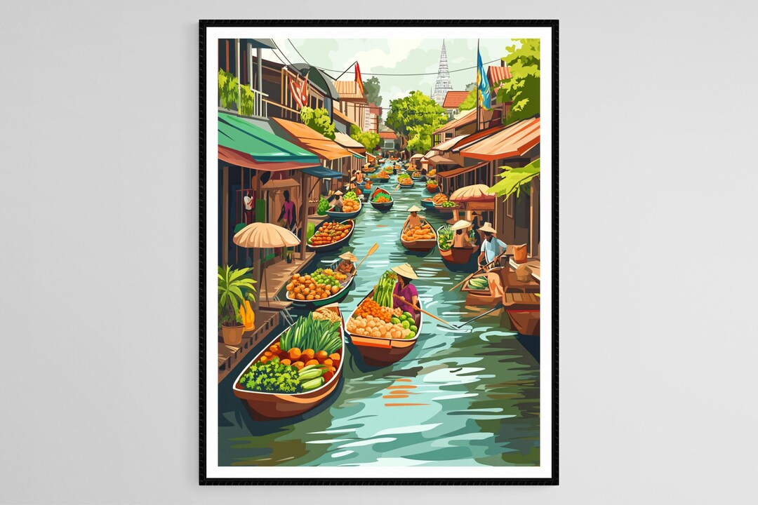 Bangkok Floating Market Art Print, Thailand, Colorful Boats ...
