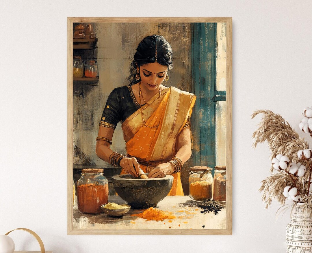 Indian Spice Grinding Art Print: Rustic Kitchen Decor - Etsy