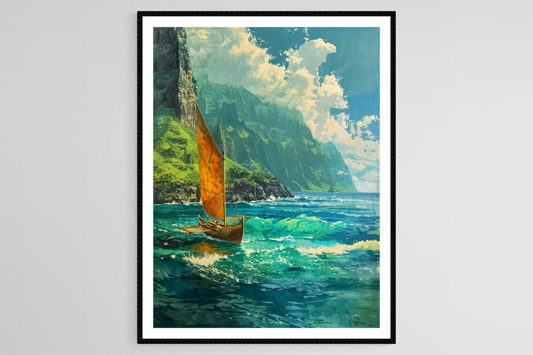 Traditional Hawaiian Outrigger Canoe Painting, Nā Pali Coast Art Print ...
