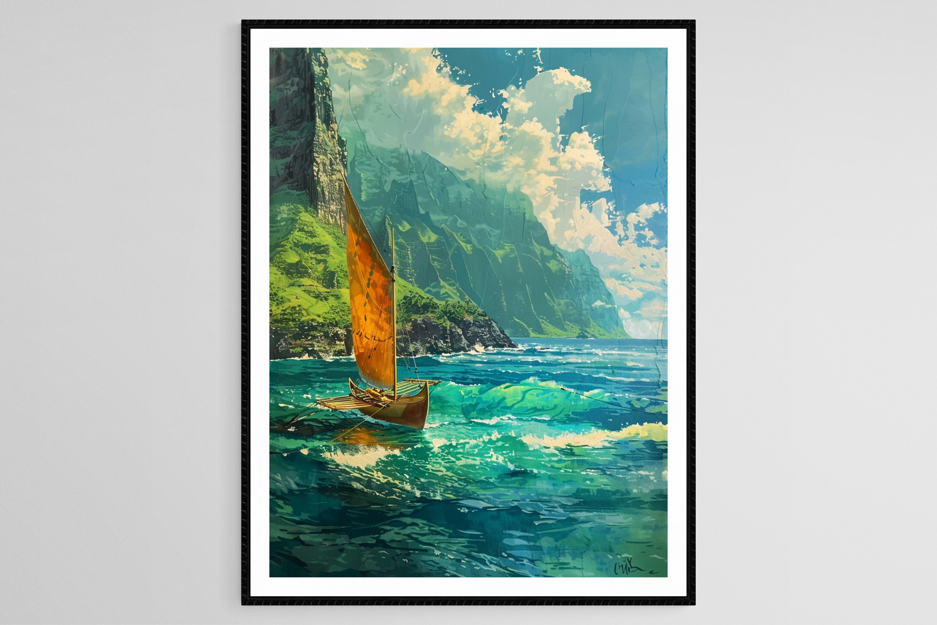 Traditional Hawaiian Outrigger Canoe Painting, Nā Pali Coast Art Print ...