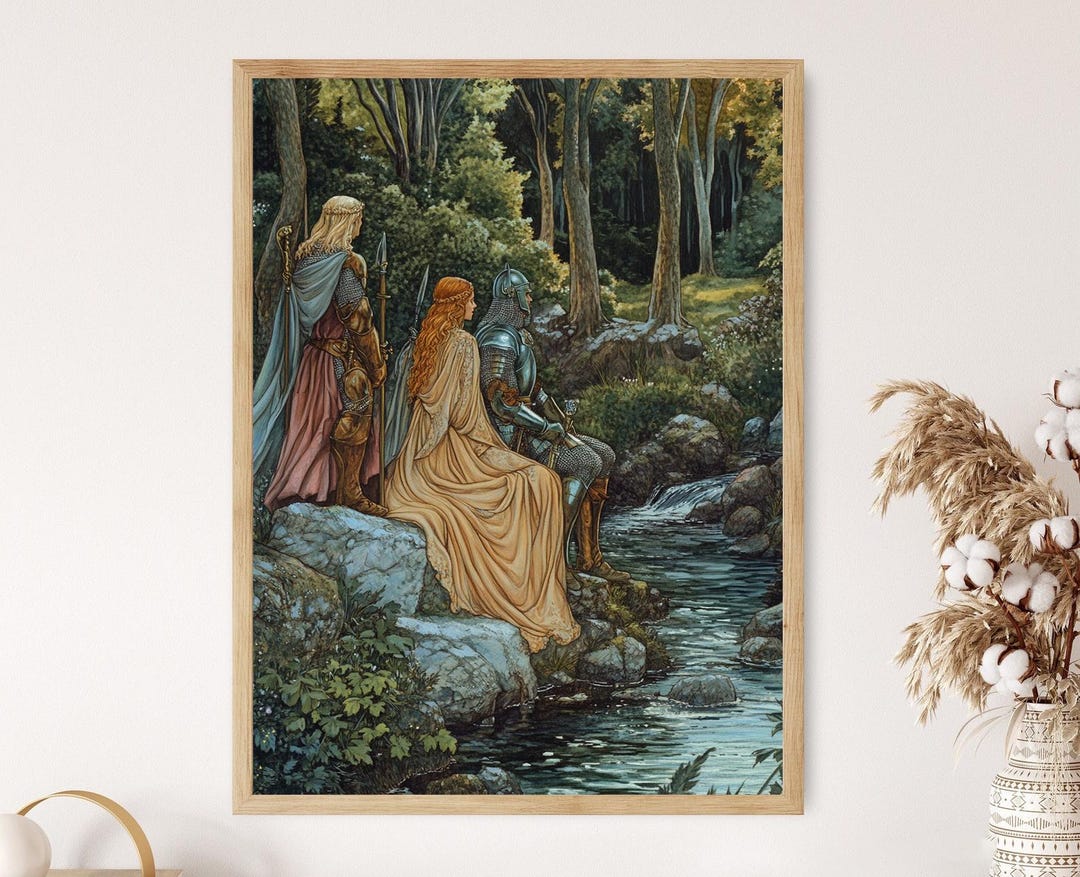 Pre-raphaelite Mythology Art Print, Knights and Maidens by Stream - Etsy