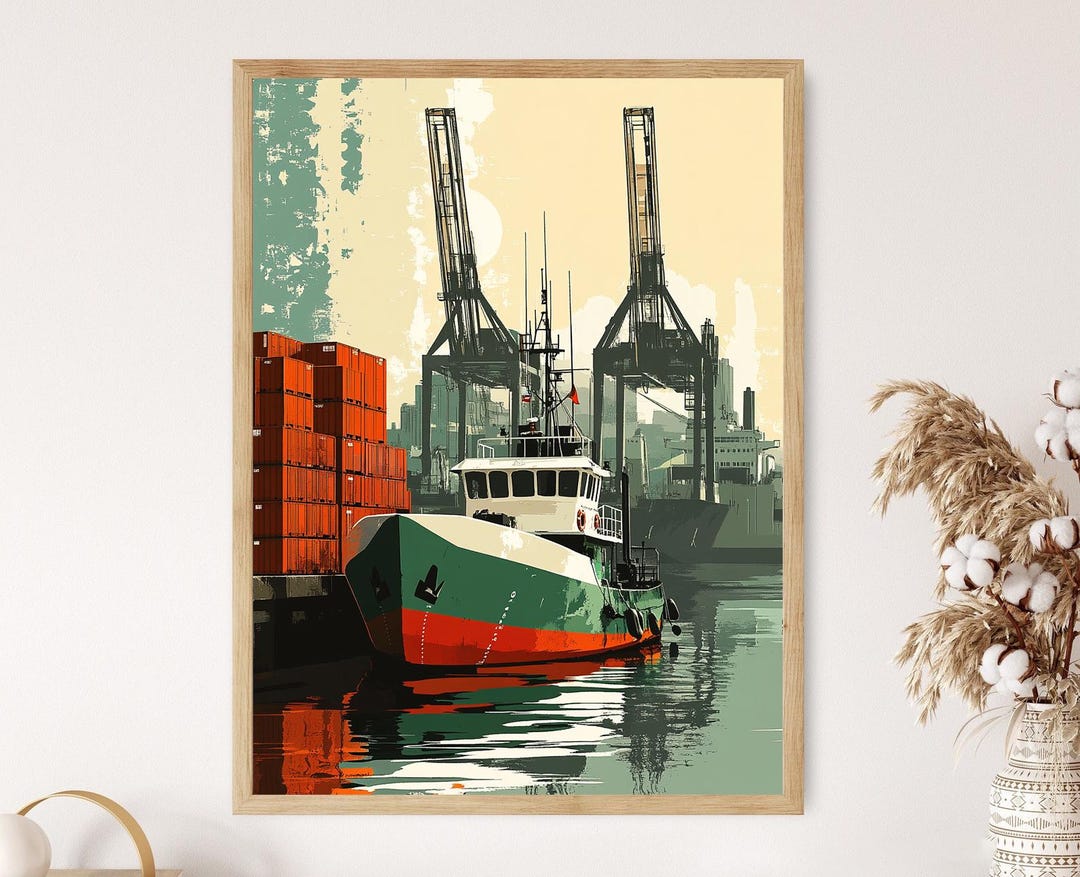 Colorful Tugboat at Industrial Pier Poster, Working Harbor Painting ...