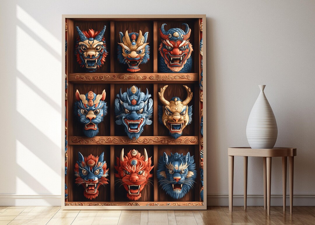 Tibetan Spirit Animal Mask Illustration, Folklore Wooden Ornament Art ...
