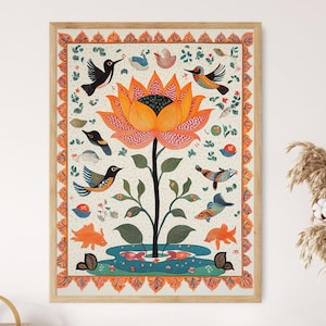 Mithila Lotus Flower Art Print, Nature Harmony Indian Folk Art - Etsy