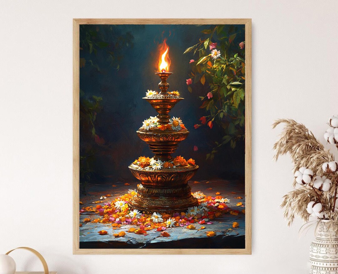 Kuthu Vilakku Brass Oil Lamp With Flower Petals Fine Art Print - Etsy