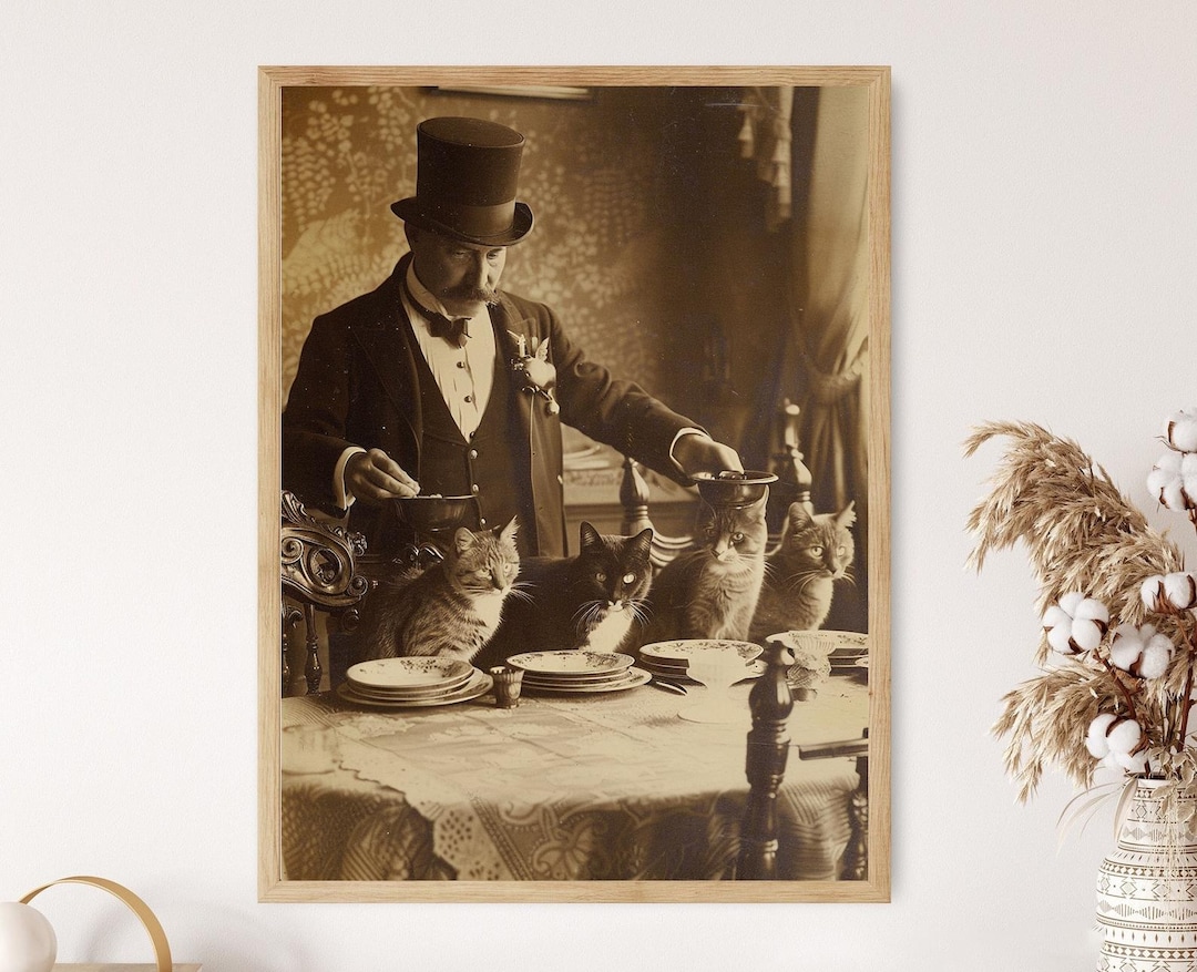 Victorian Butler Serving Dinner to Dignified Cats, Whimsical Vintage ...