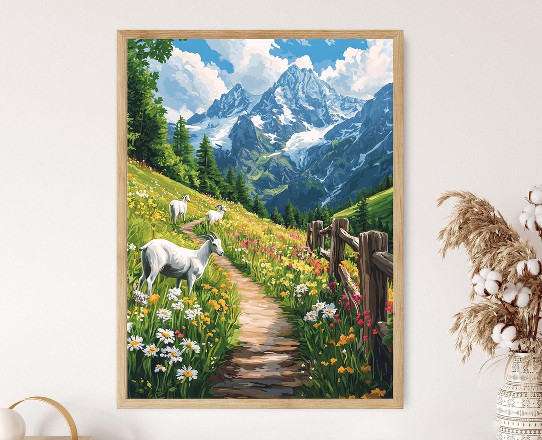 Swiss Alps Goat Trail Painting, Alpine Flowers and Snowy Peaks Poster ...