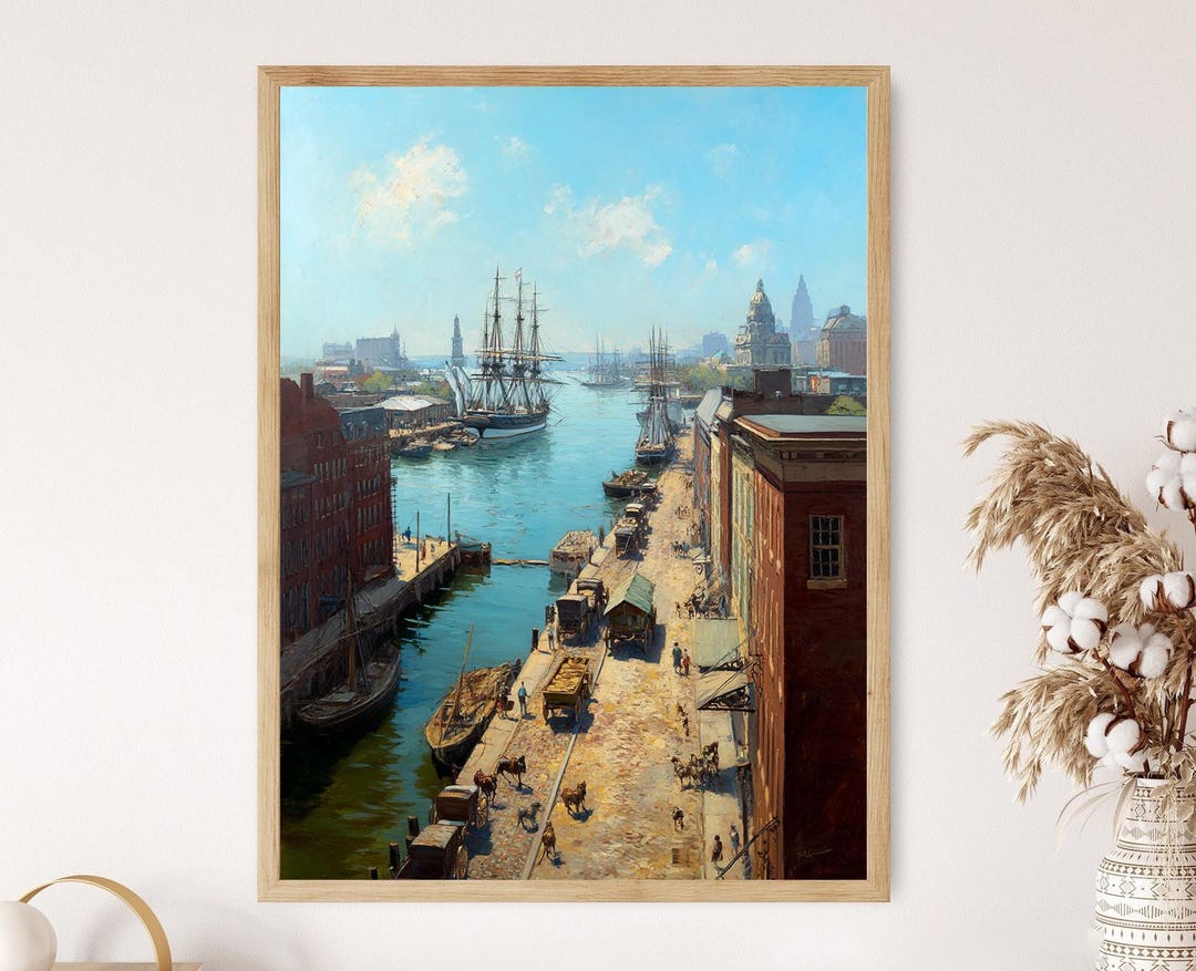 Philadelphia Colonial Port Scene, Tall Ship Dock Painting, Historic ...