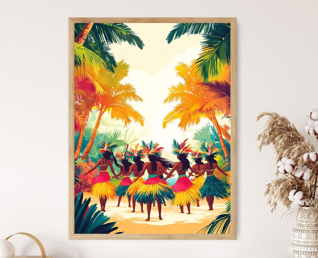 Tahitian Dancers Illustration, Tamure Dance and Pareo Art Print ...