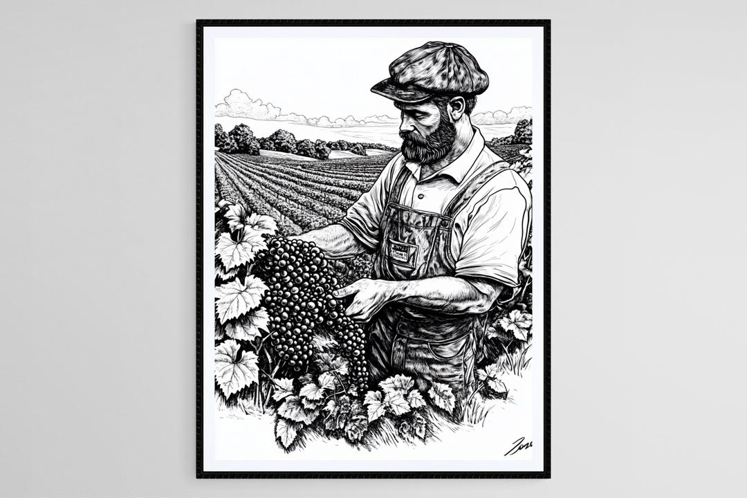 Wine Farmer Linocut Print, Vineyard Harvest Art, Rustic Farmhouse Decor ...