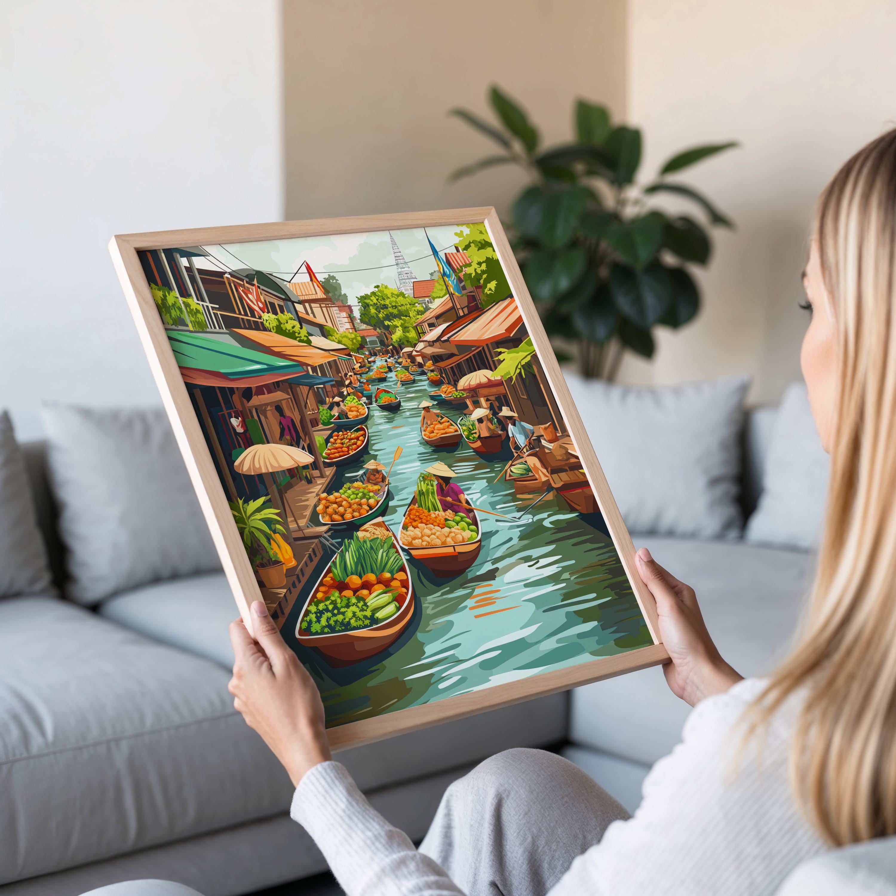 Bangkok Floating Market Art Print, Thailand, Colorful Boats ...