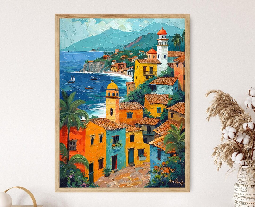 Puerto Vallarta Coastal Town Art Print Colorful Buildings And Malecón