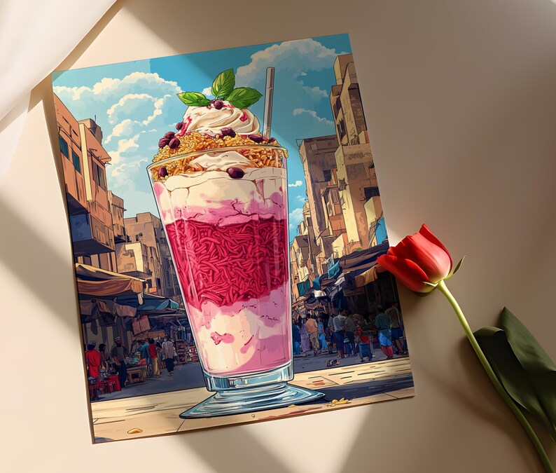 Pakistani Falooda Art Print, Rose Syrup and Vermicelli Illustration ...