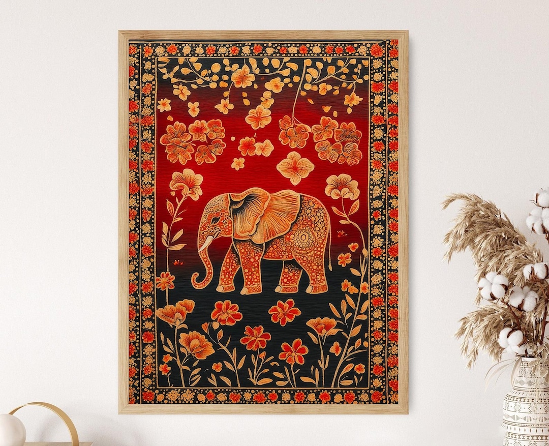 Sri Lankan Batik Art Print, Elephant and Floral Fabric Poster, Heritage ...