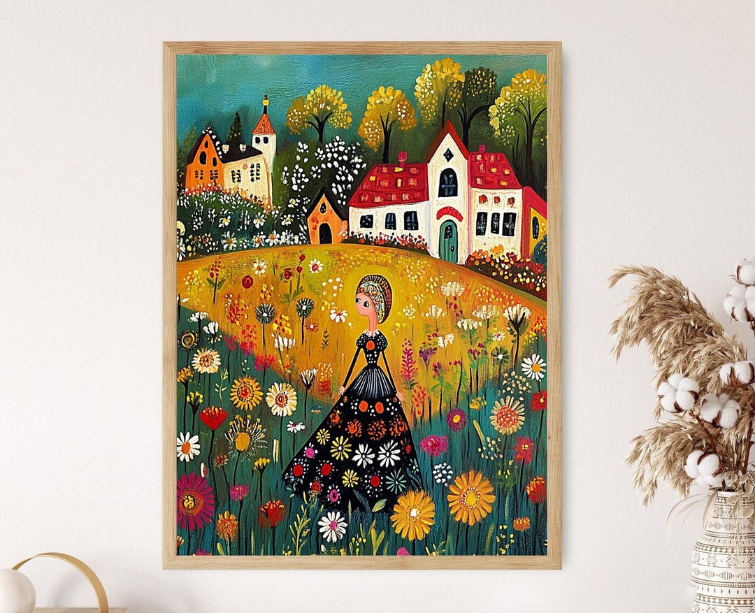 Macedonian Naive Art Print, Folk Art Village Scene With Flowers ...