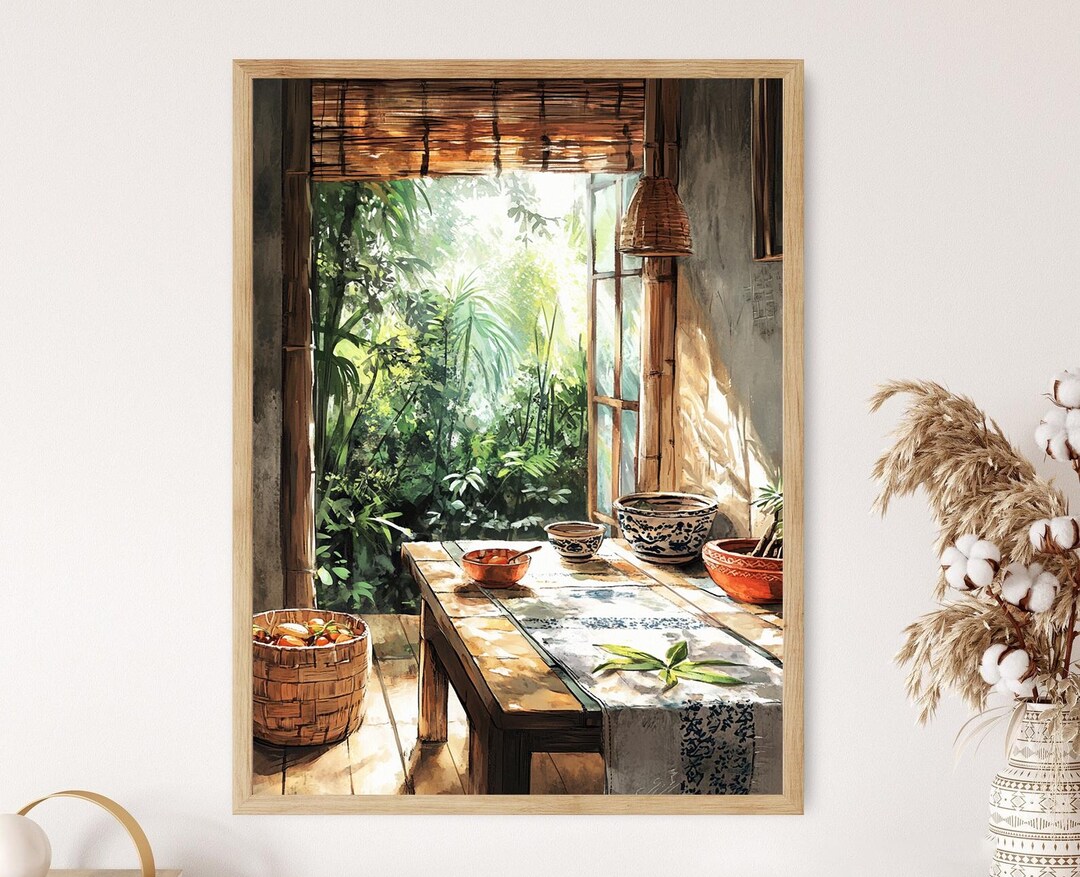 Indonesian Kitchen Art Print, Batik Table Runner Poster, Ceramic Bowl ...