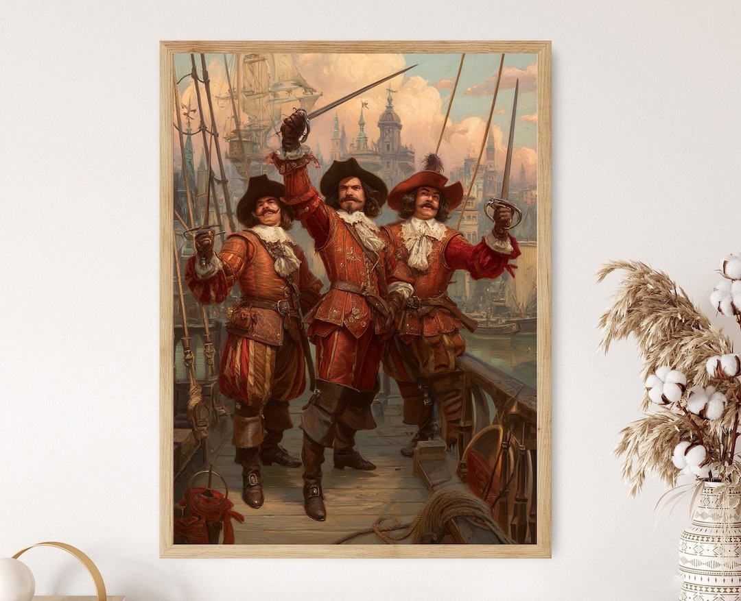 Three Musketeers on Boat Deck Illustration, Alexandre Dumas Inspired ...