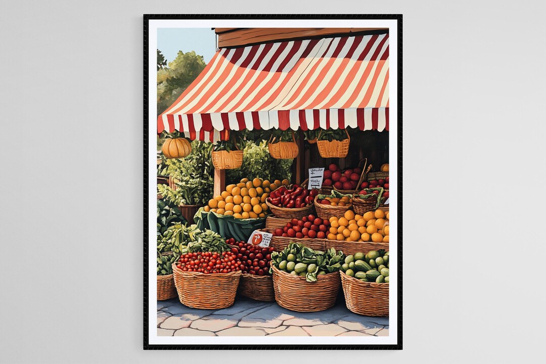Charming Farmers Market Fruit Stand Art Print, Colorful Fresh Produce ...