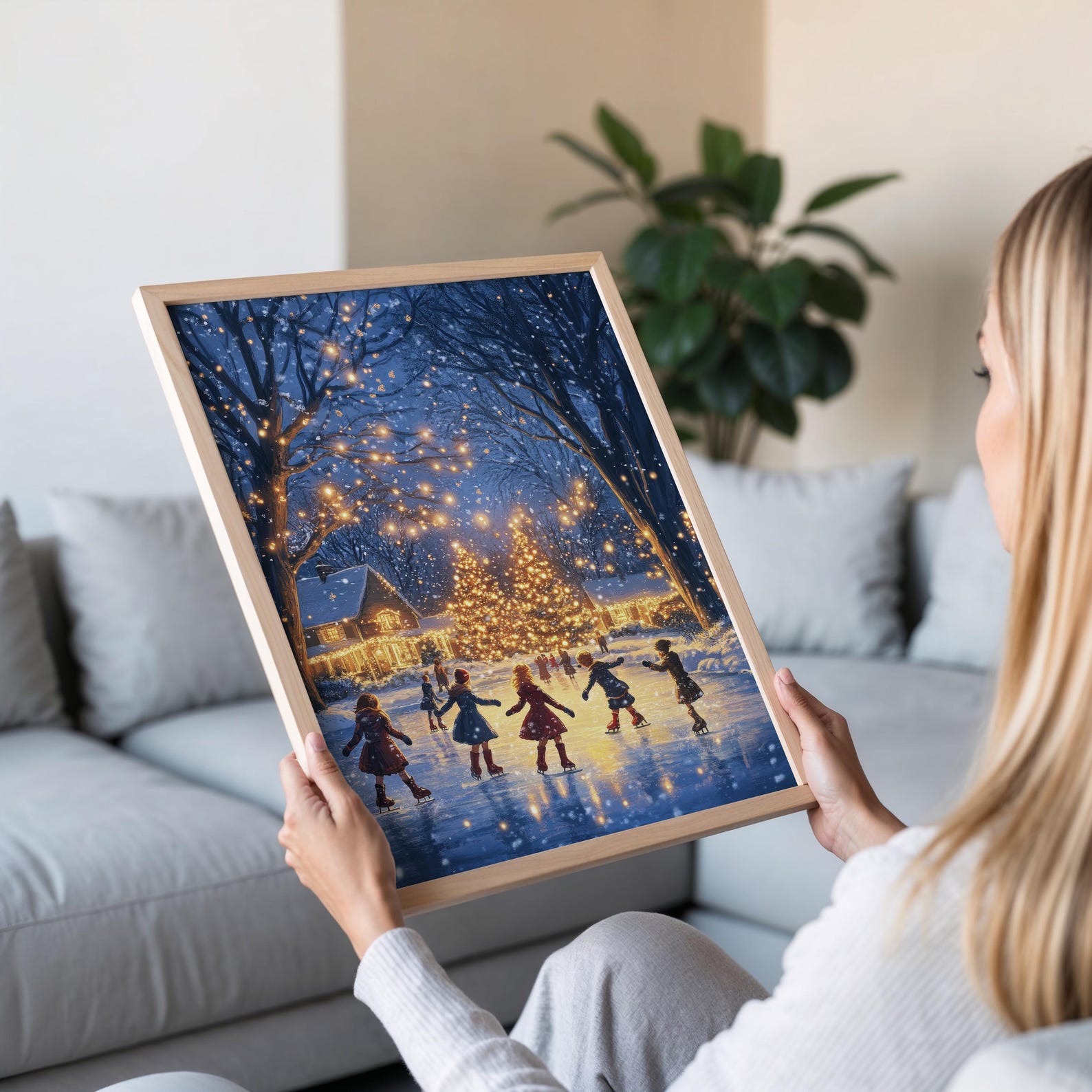 Children Ice Skating Art Print, Frozen Pond and Falling Snow - Etsy