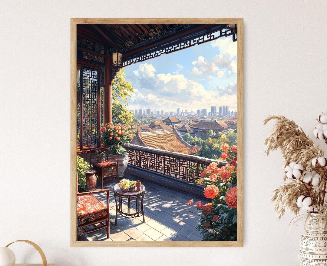 Beijing Rooftop Patio Art Print, Red Lacquer Decor Poster, Chinese ...