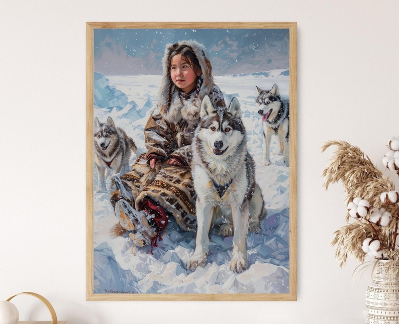 Inuit Girl With Sled Dogs Illustration - Aboriginal Husky Artwork Print ...