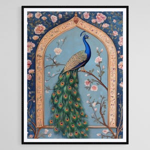Indian Peacock Art Print, Mughal Style Wall Decor, Floral Peacock ...