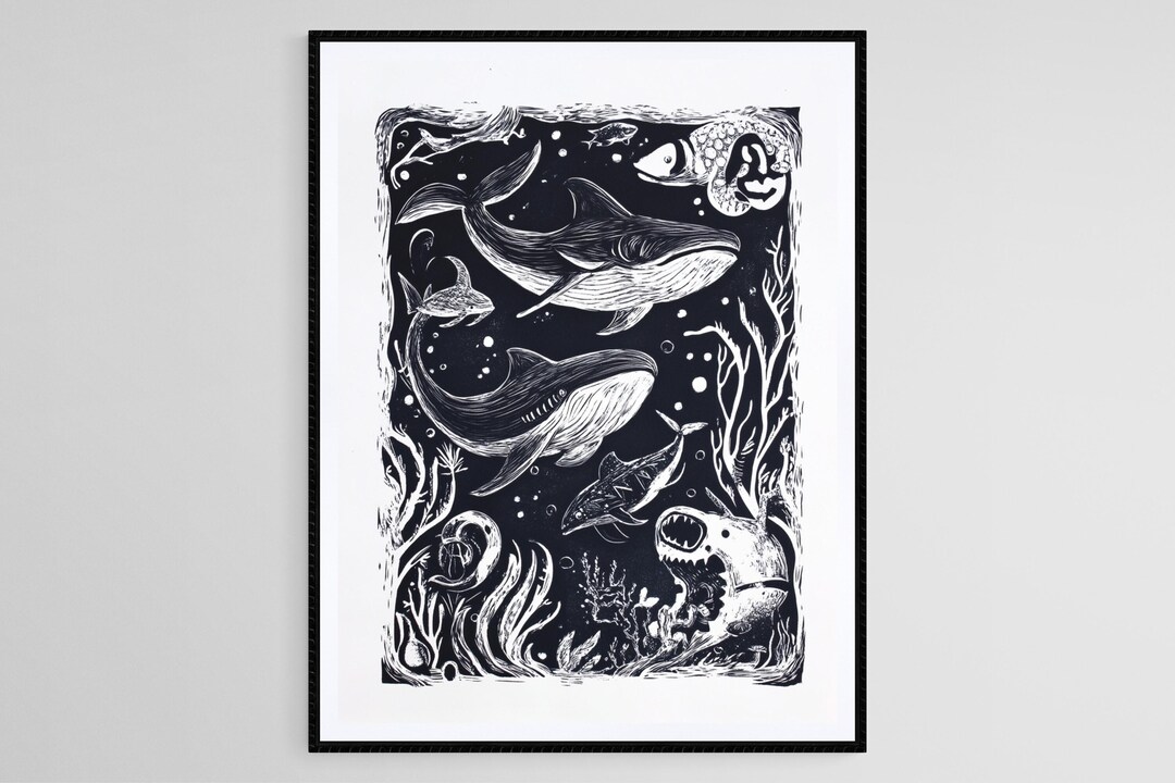 Ocean Creatures Linocut Print, Black and White Sea Life Art, Underwater ...