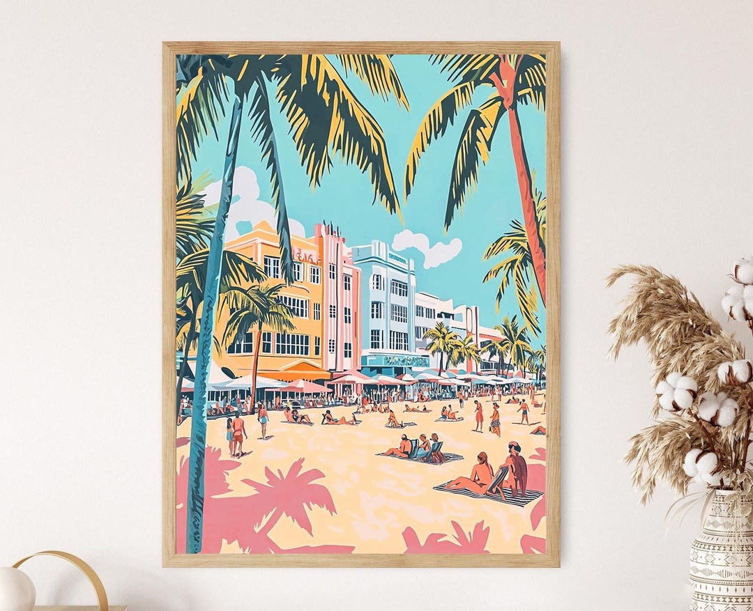 South Beach Miami Art Print, Pastel Art Deco and Palm Trees - Etsy