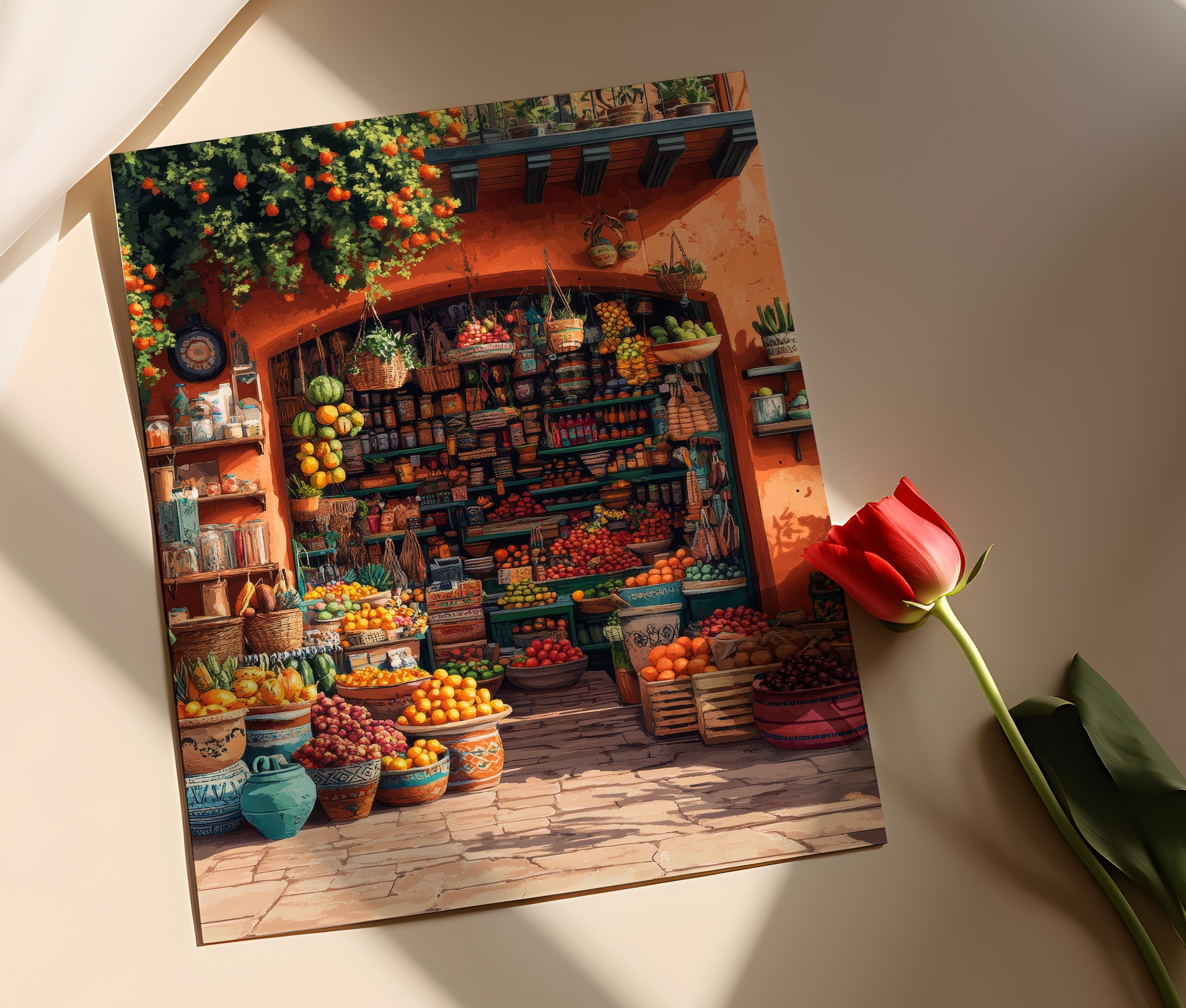 Mexican Mercado Art Print, Colorful Frutas and Pottery Scene - Etsy