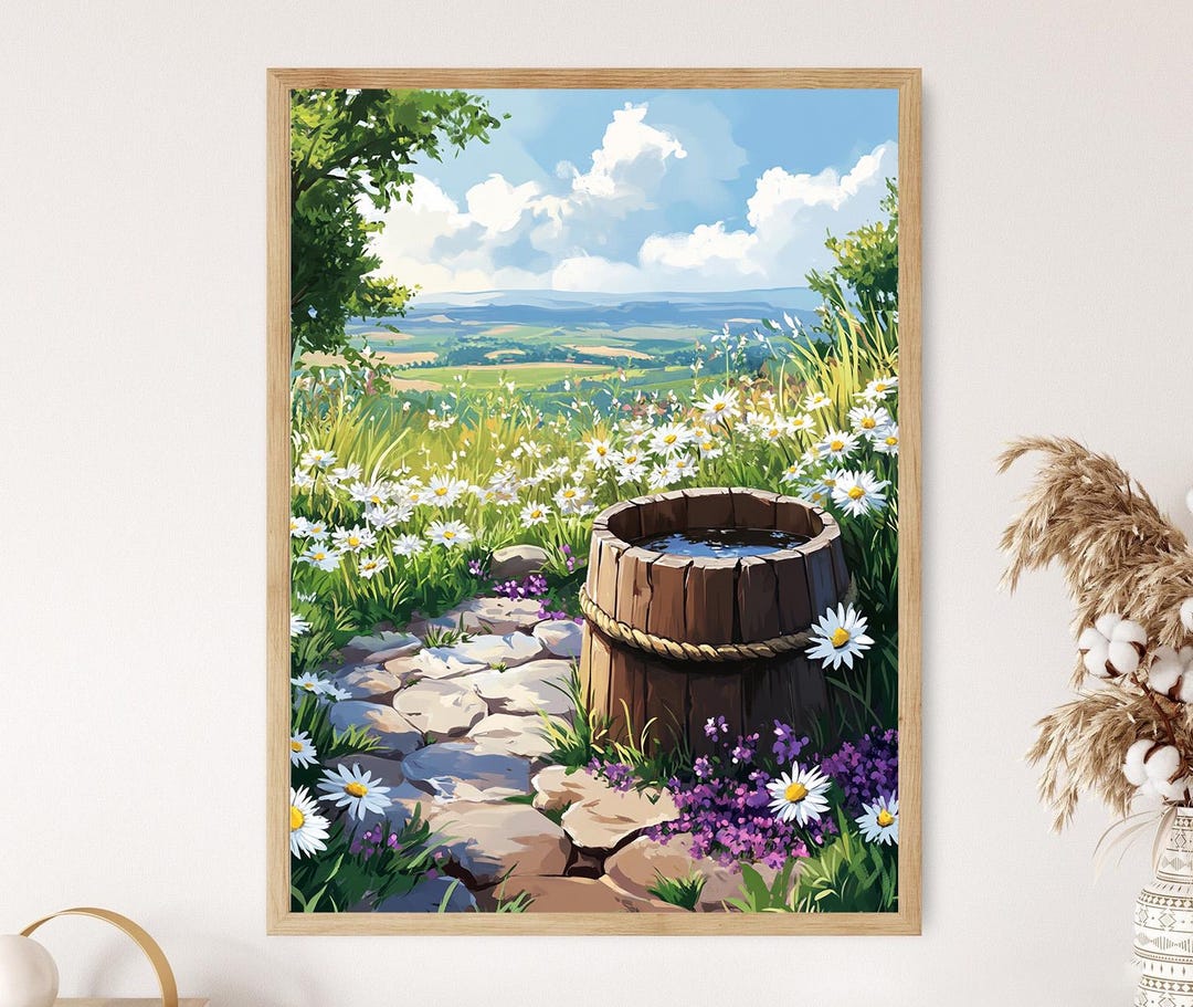 Creeping Thyme Print: Ox-eye Daisies Beside Well Bucket Illustration - Etsy
