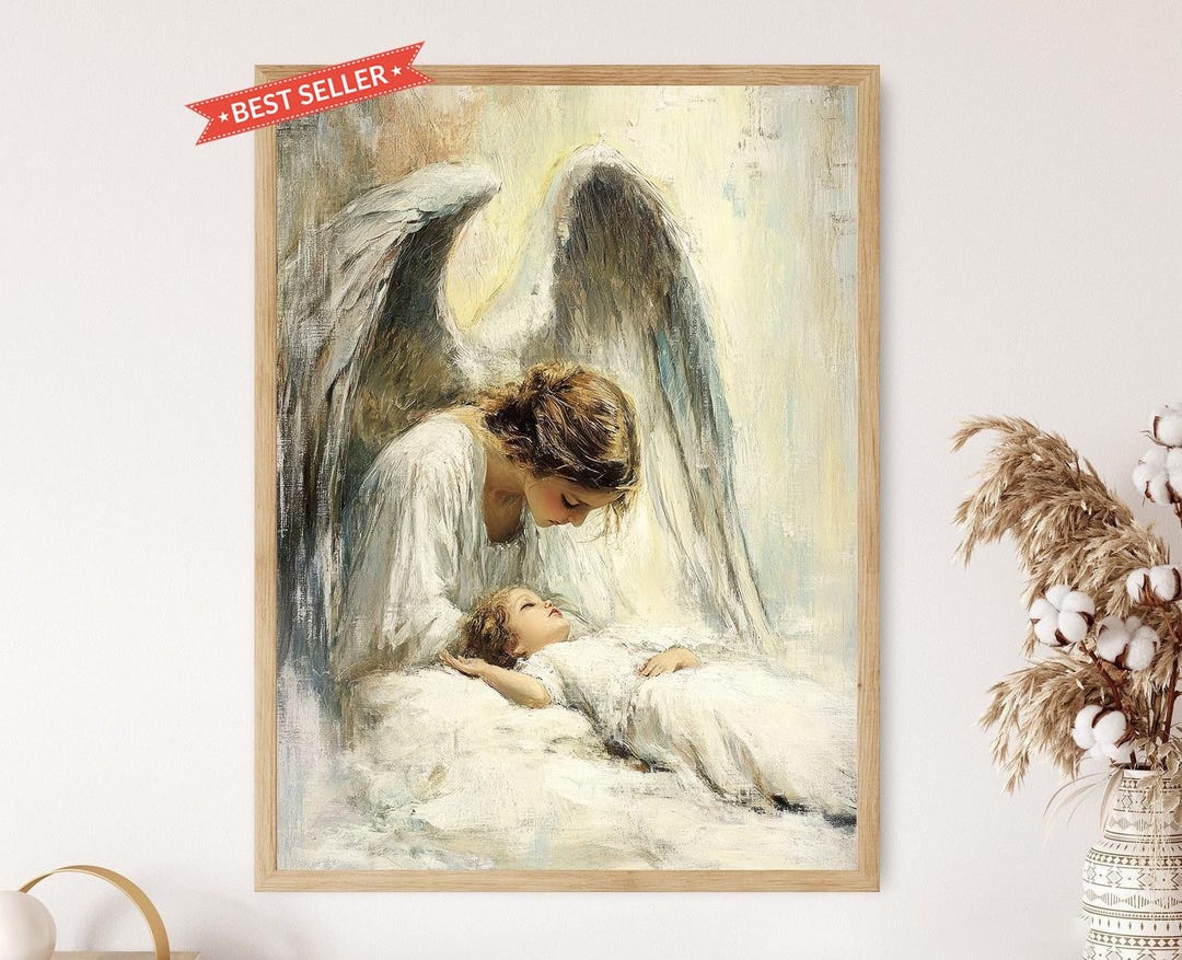 Guardian Angel Watching Over Child Art Print, Gentle Protection ...