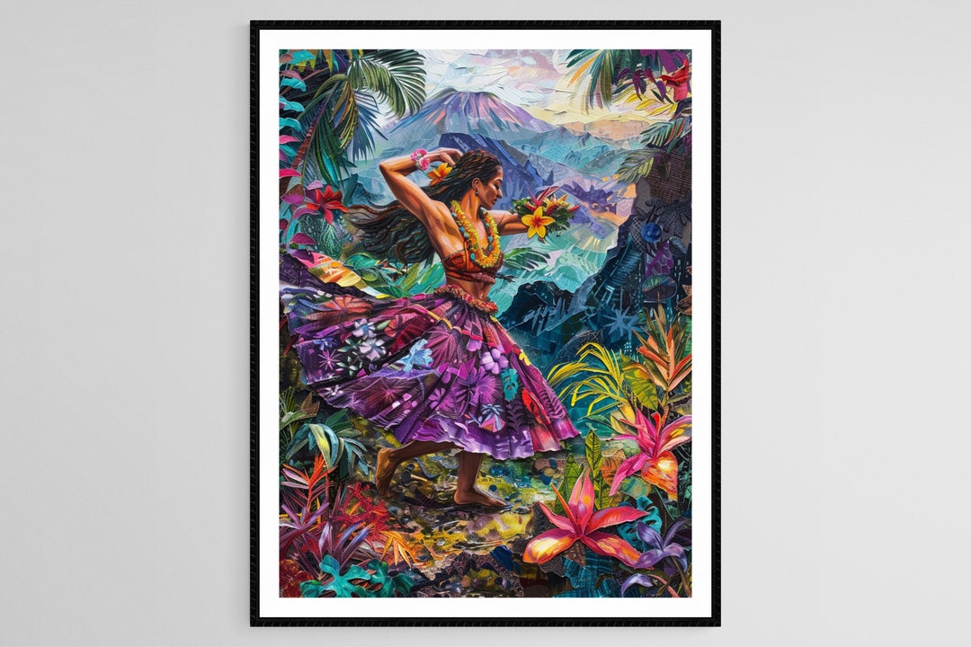Traditional Hawaiian Hula Dancer Painting, Tropical Foliage Art Print ...