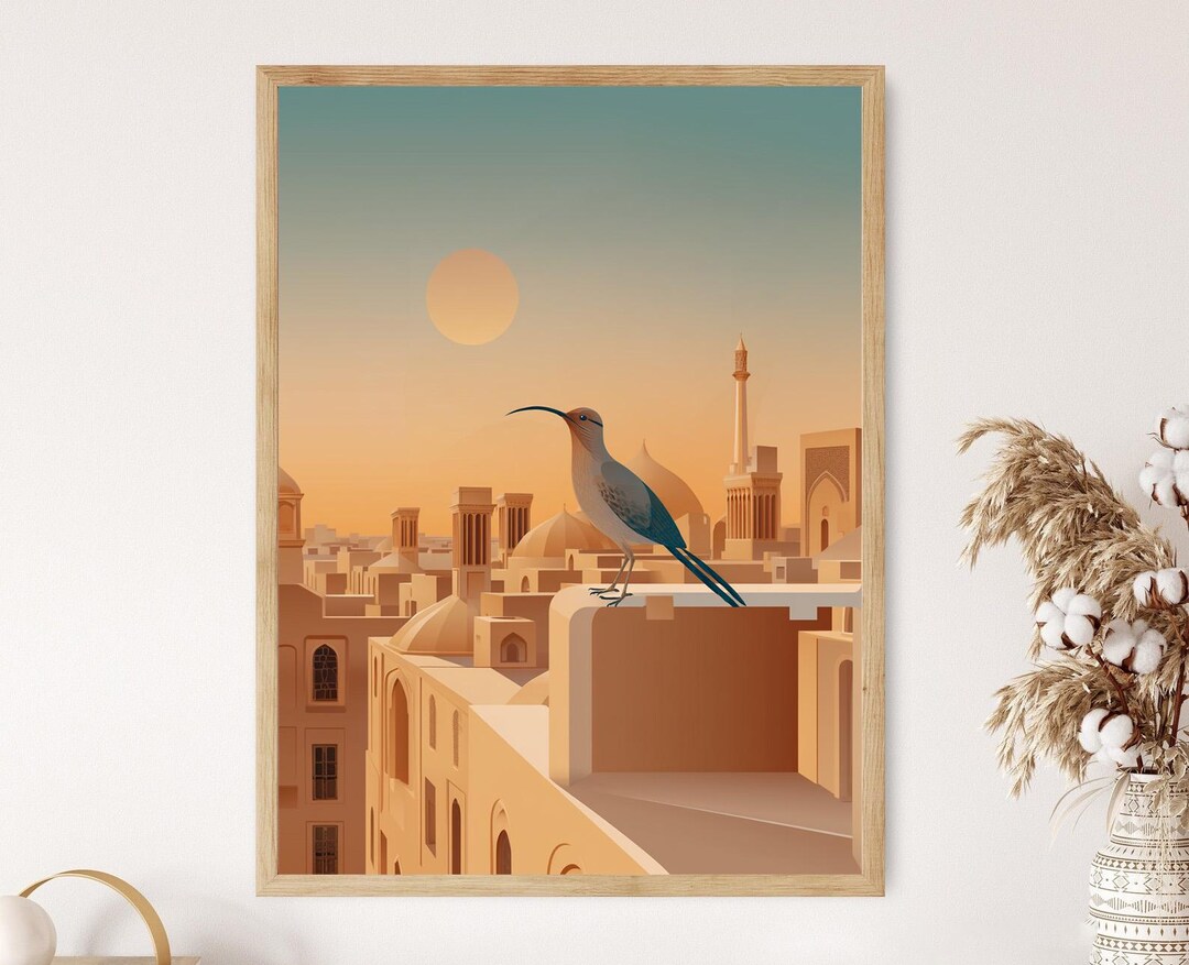 Yazd Hoopoe on Windcatcher Poster, Iranian Desert City Bird Art, Flat ...