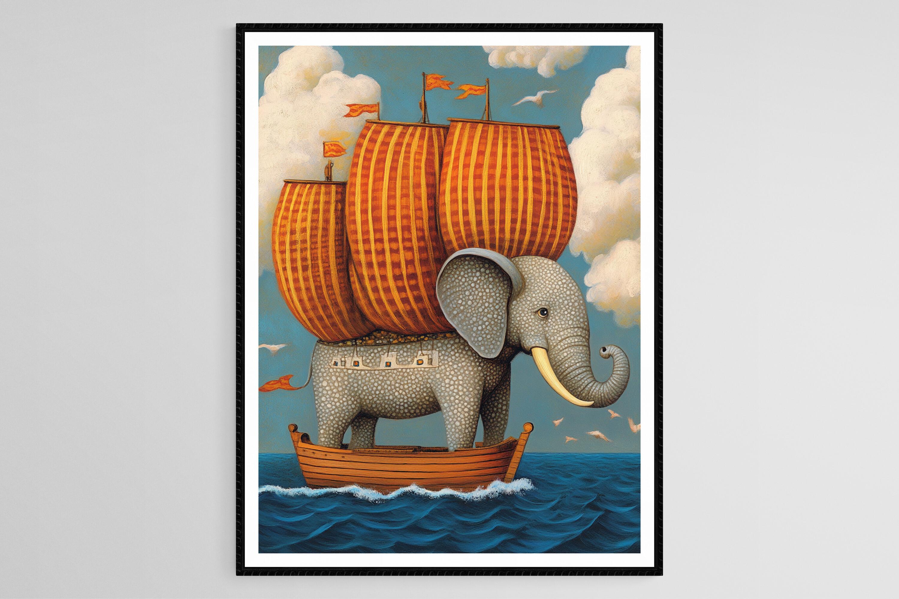 Whimsical Elephant Ship Art Print, Surreal Nautical Scene, Fantasy ...