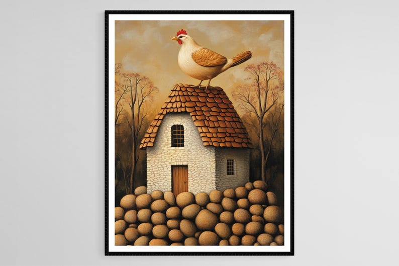 Keeper of the Rooftop, Enchanted Hen on a Stone Cottage, Whimsical ...