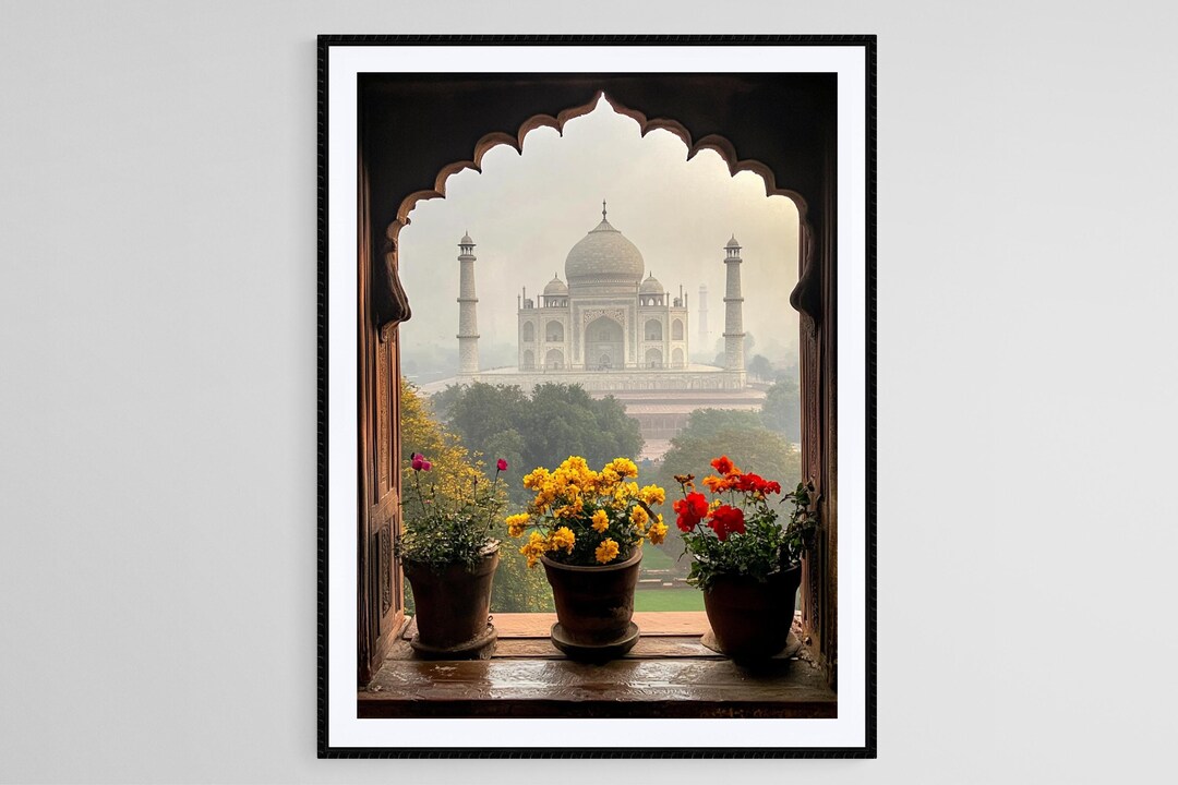 Taj Mahal Through Window Art Print, Floral Indian Landmark - Etsy