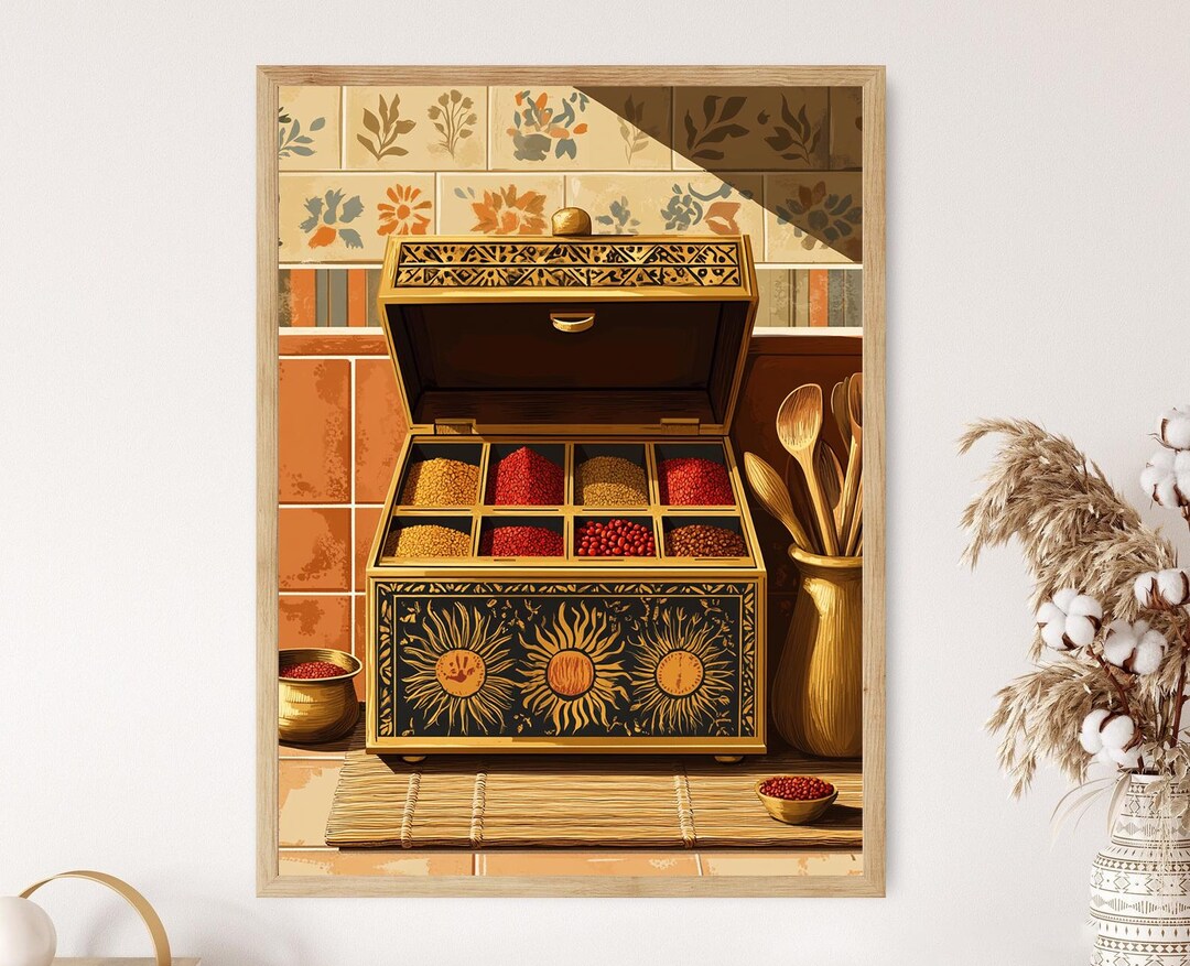 Indian Brass Masala Dabba Art Print, Warli Motif Kitchen Ornament ...