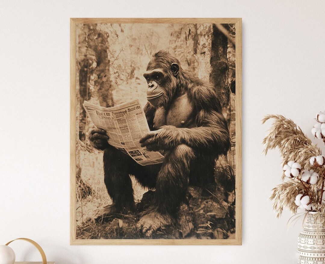 Funny Ape Reading Newspaper Art Print, Funny Evolution Poster - Etsy
