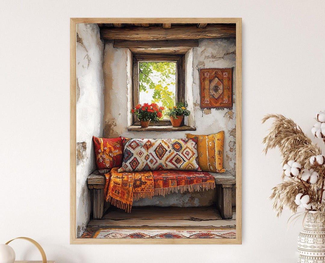 Balkan Farmhouse Bench With Woven Rugs Fine Art Print - Etsy