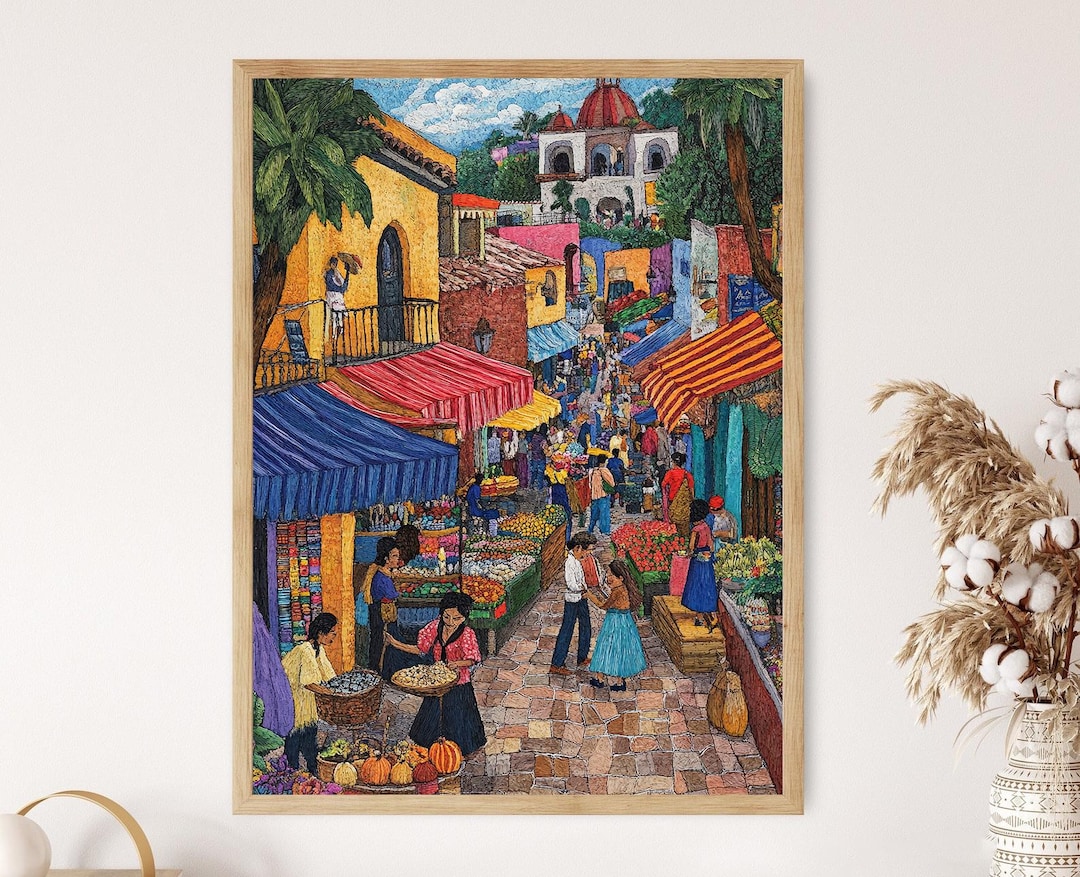 Chicano Street Scene Art Print, Vibrant Mercado, Mexican Textiles - Etsy