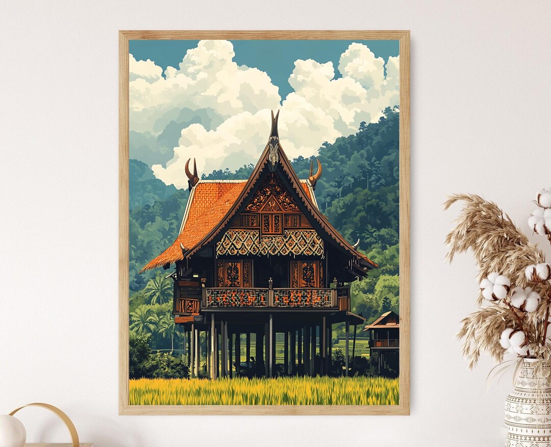 Indonesian Tongkonan Stilt House Poster, Toraja Culture Art Print, Flat ...