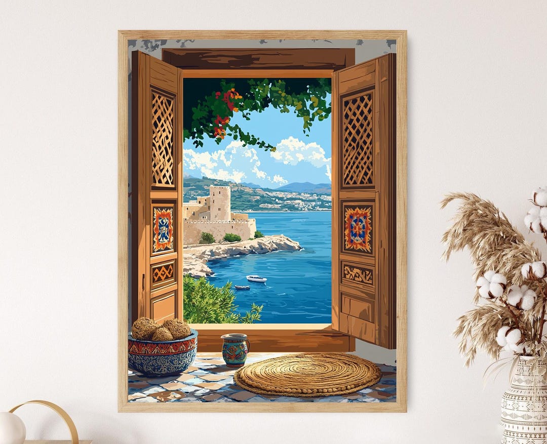 Oran Wooden Window Illustration, Algerian Berber Motifs, Coastal View ...