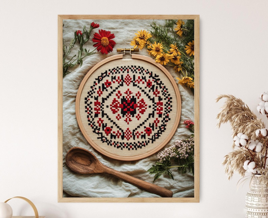 Serbian Embroidery Art Print, Wooden Hoop Folk Decor Poster - Etsy