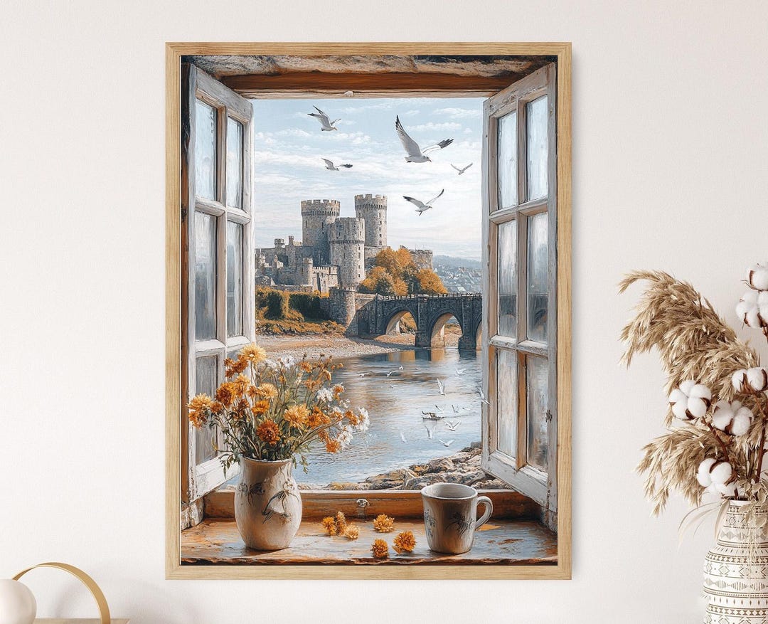 Conwy Window Poster: Castle Towers, River View and Stone Bridge North ...