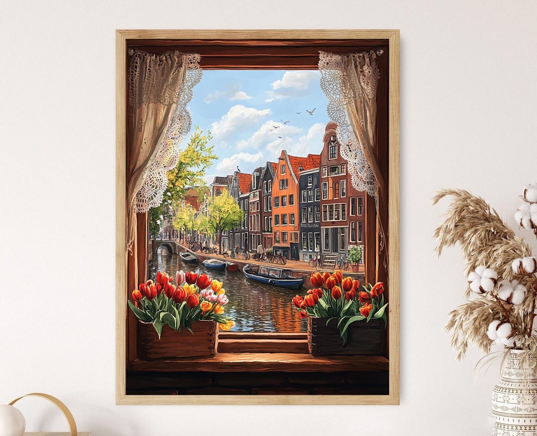 Amsterdam Rustic Window With Canal View Art Print, Dutch Heritage ...