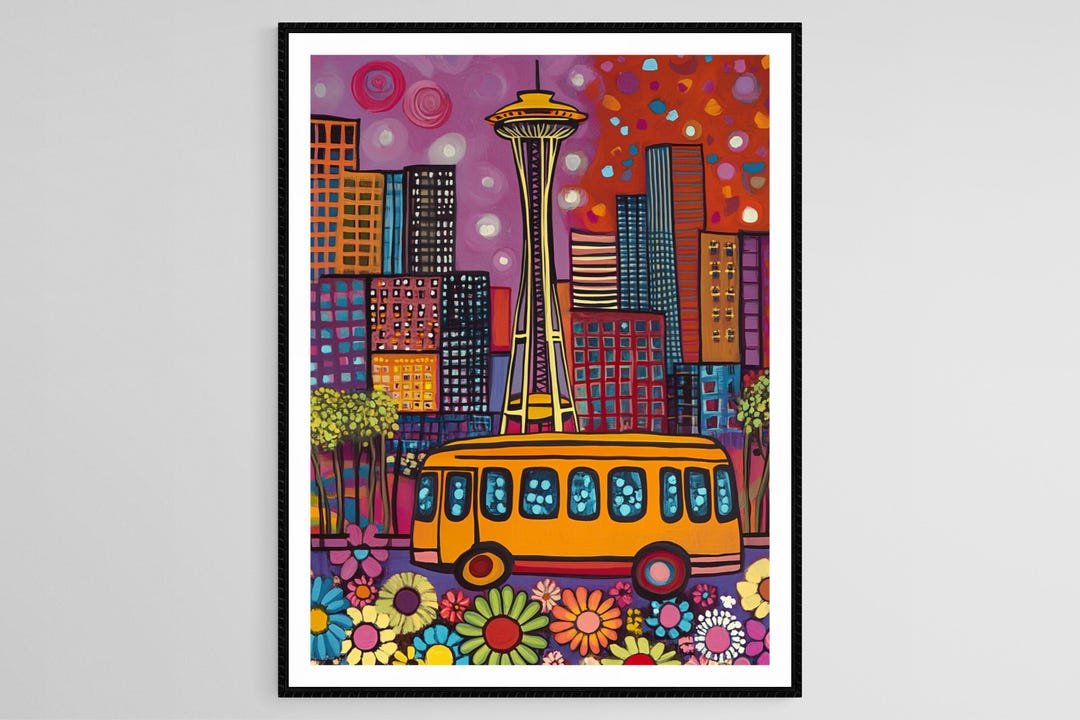 Seattle Naive Art Print, Space Needle, Pike Place Market, Waterfront - Etsy