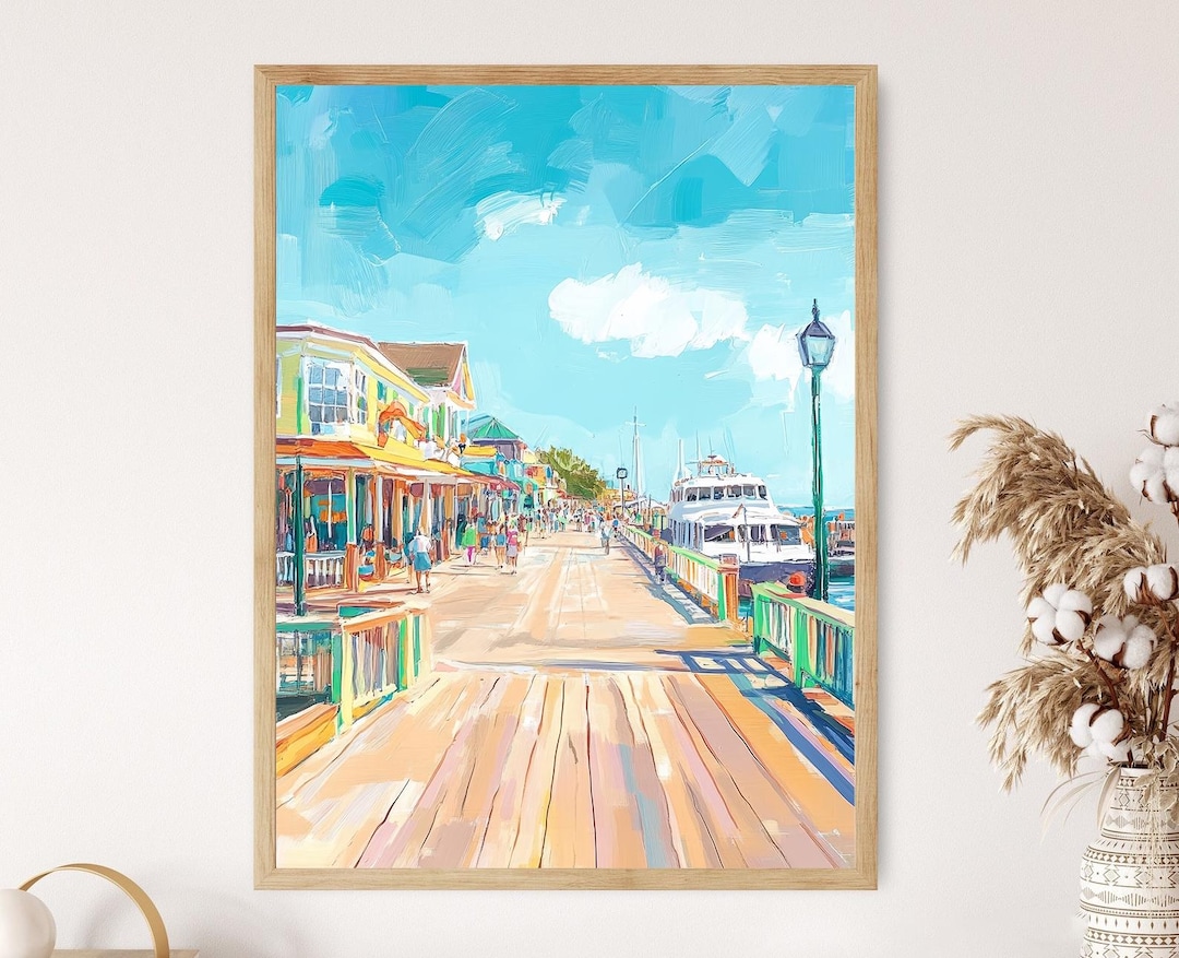 Vibrant Ocean City Boardwalk Art Print, Colorful Coastal Illustration ...