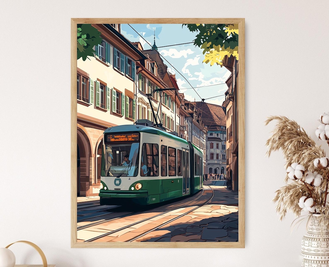 Basel Medieval Tram Scene Poster, Swiss City Streetcar Art Print, Flat ...