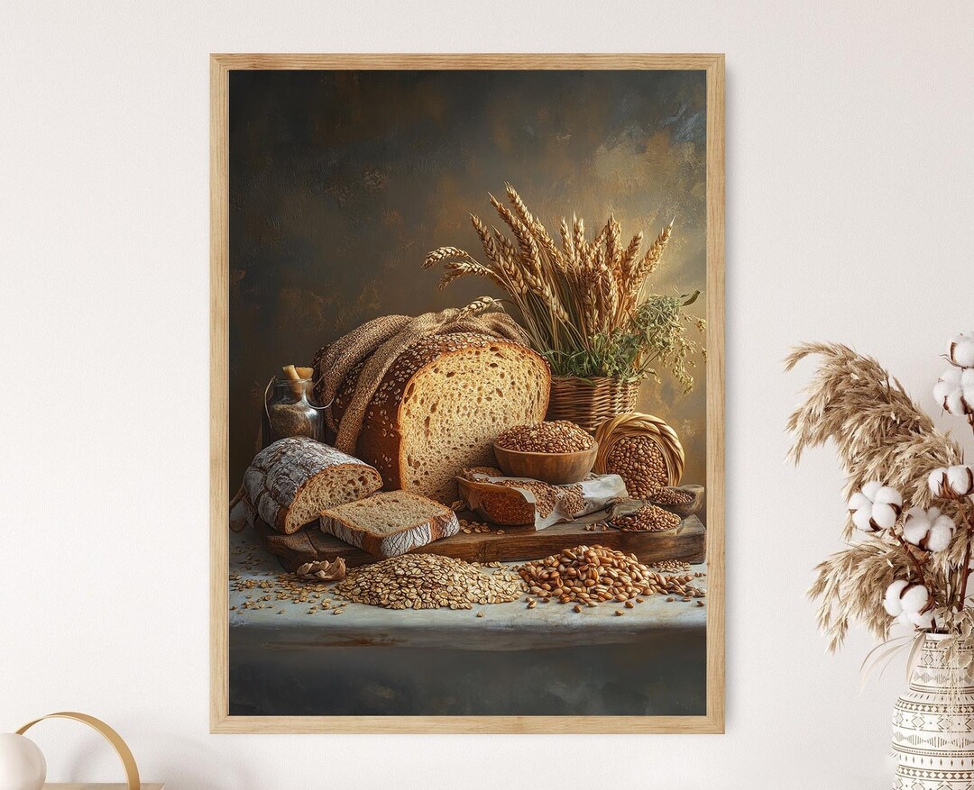 Whole Grain Bread Still Life Art Print: Rustic Farmhouse Kitchen Decor ...
