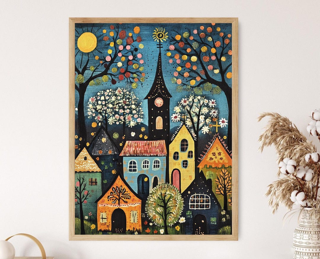 German Storybook Village Art Print, Rustic Naive Folk Art, Whimsical ...